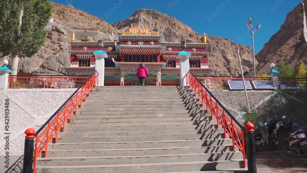 Wide angle shot of young Indian girl tourist climbing stairs of Sakaya ...