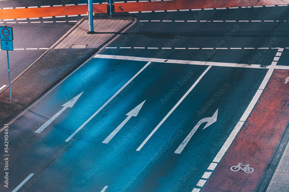 Aerial view of the road markings with arrows regulating the lanes for ...