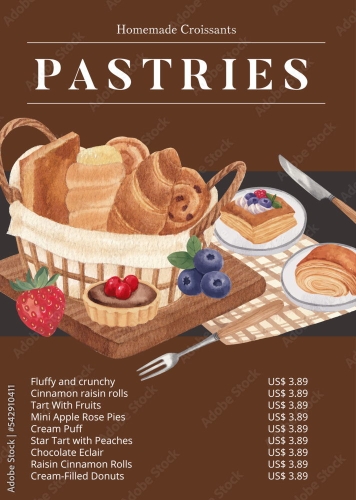 Menu template with pastry day concept, watercolor style Stock Vector ...
