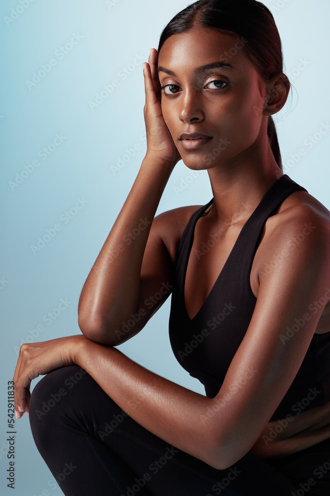 Fitness, sports and woman serious in studio for wellness, health and ...