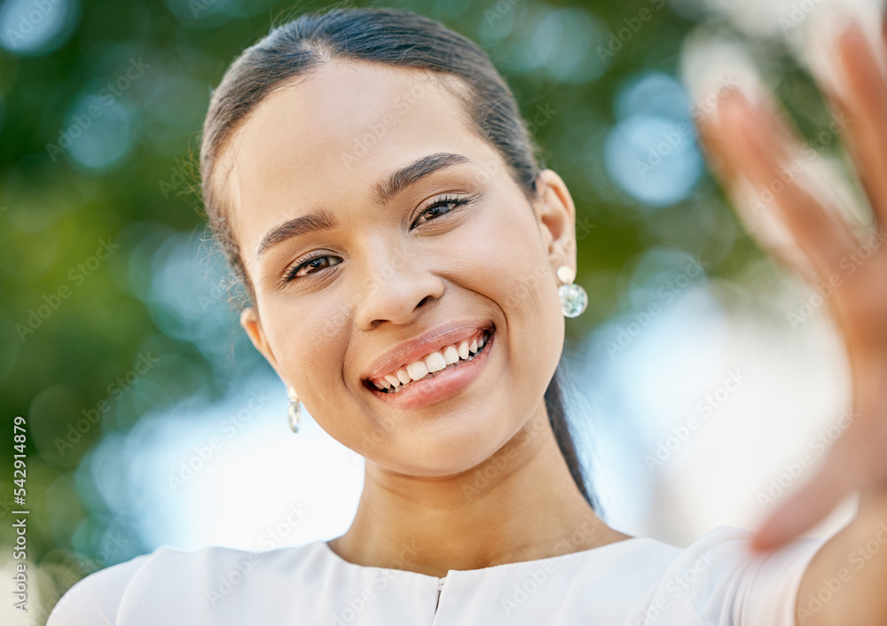 Portrait, nature and happy woman taking a selfie with a smile on her ...