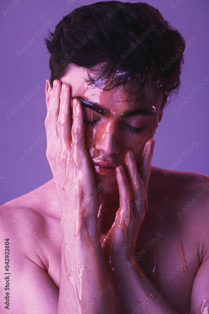 Beauty, skincare and honey facial with man for health, natural and spa ...