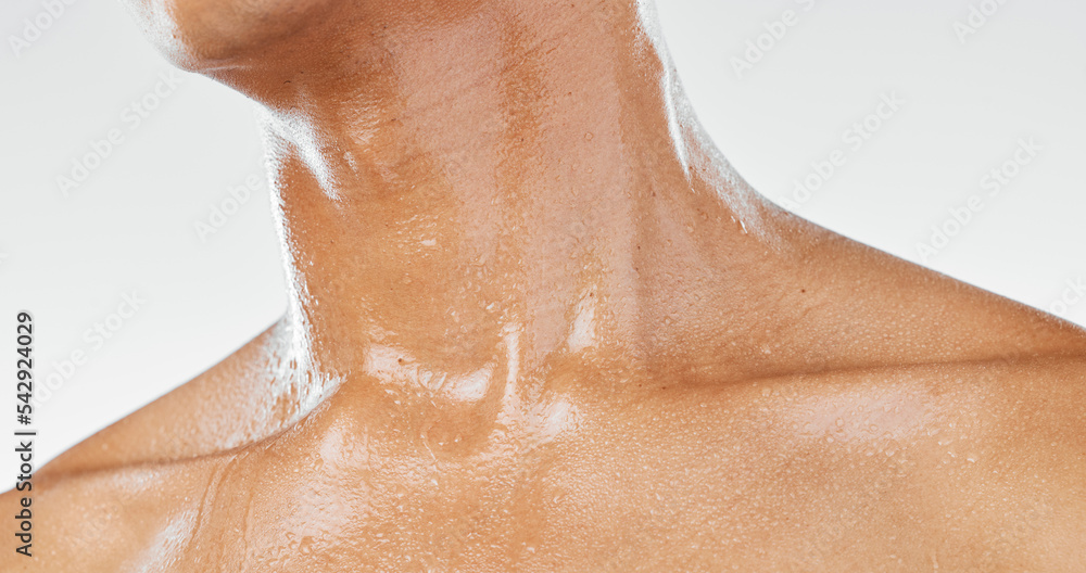 Body of man sweating from exercise, skin neck with water dripping or ...