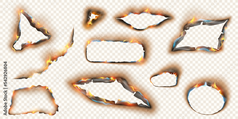 Burnt paper holes on transparent background with scorched and cracked ...