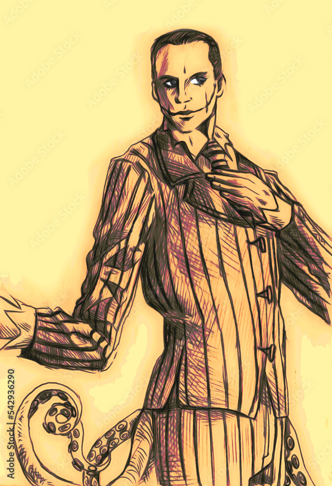 Illustration Of A Very Tall And Thin Demon Wearing A Striped Suit And A