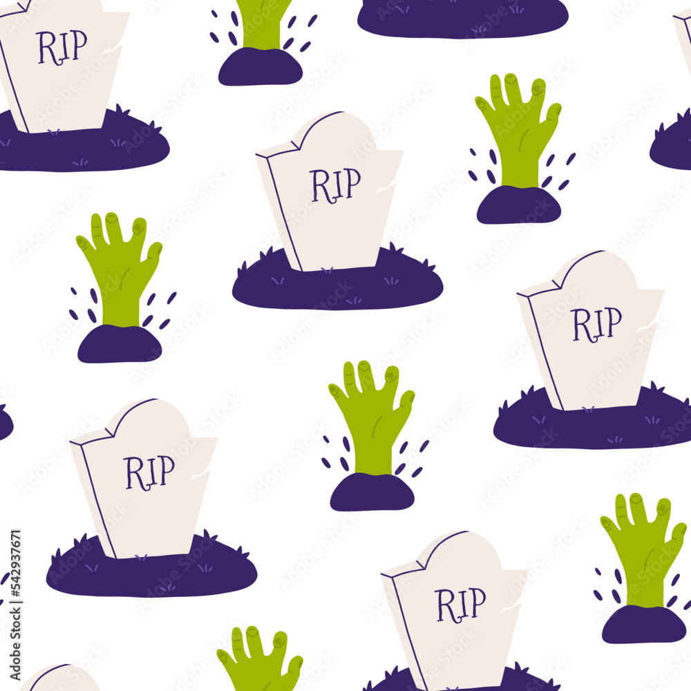Zombie hand sticking out of the ground at graveyard, seamless pattern ...
