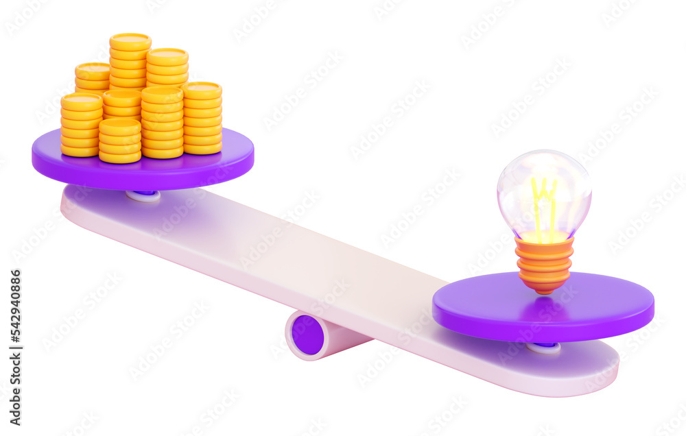 3d scale icon with coins stack and lightning bulb. Weight, comparison ...