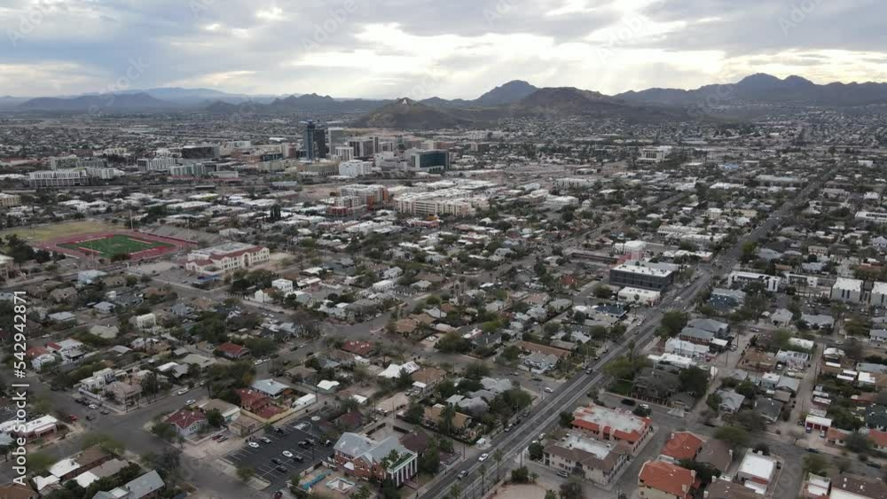 Drone slowly descending in Tucson Arizona United States with view of ...