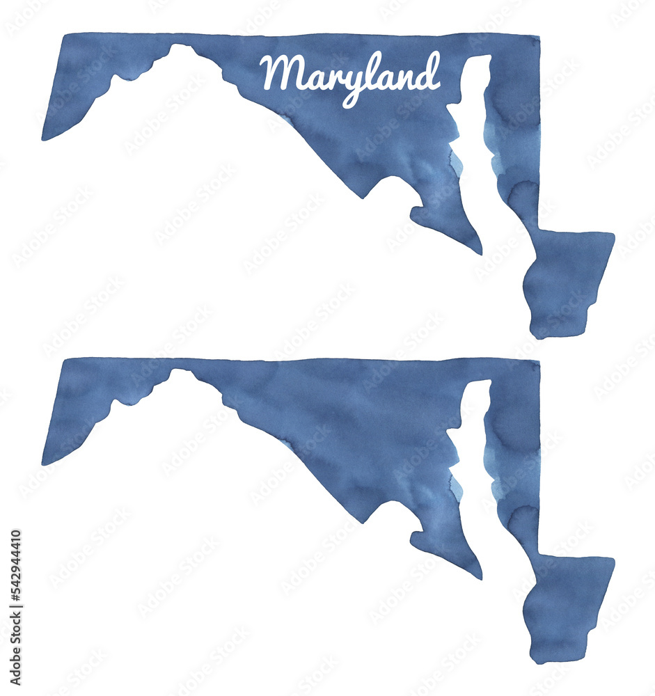 Watercolour illustration set of Maryland State Map in navy blue color ...