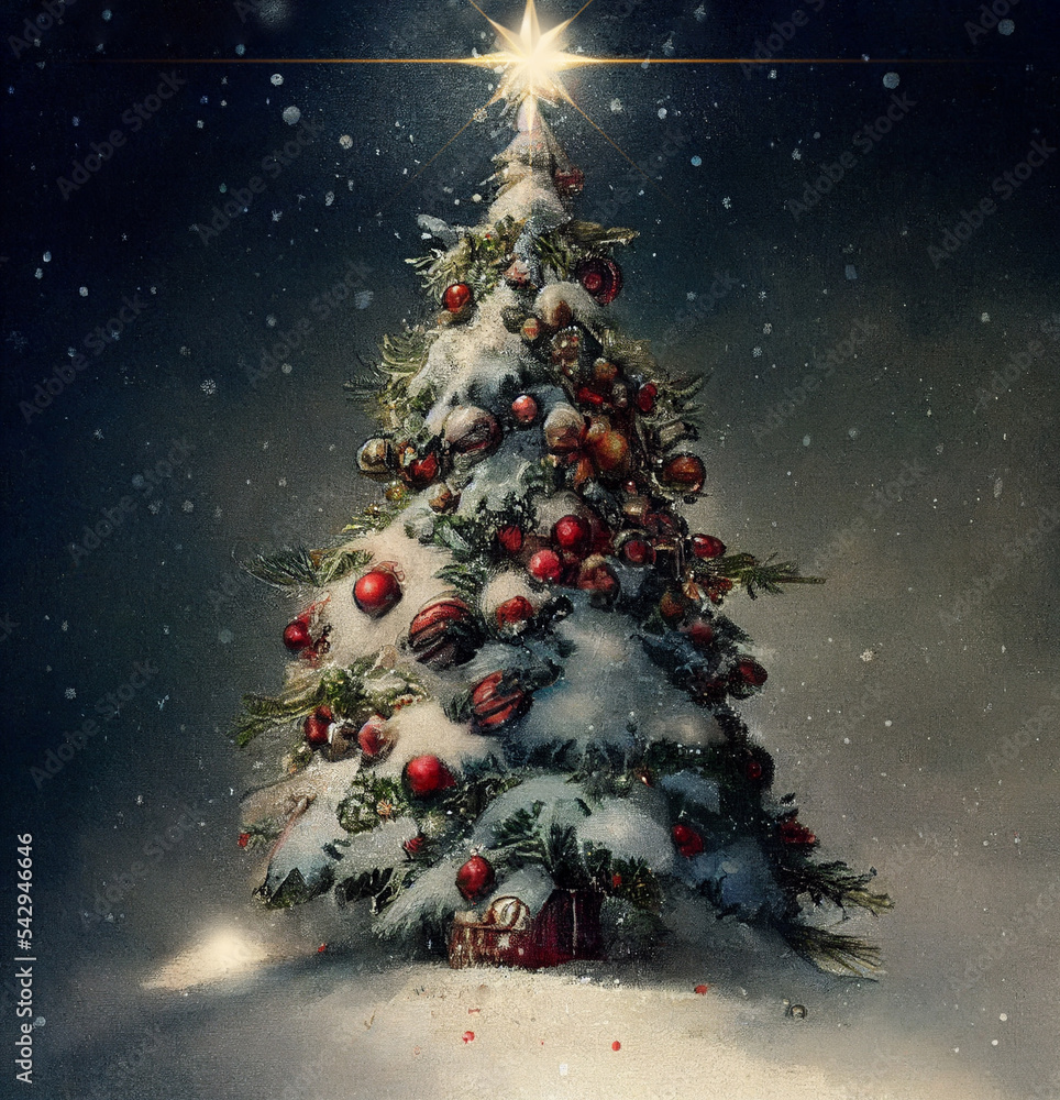 Fantasy festive Christmas tree with gifts. Christmas card background ...
