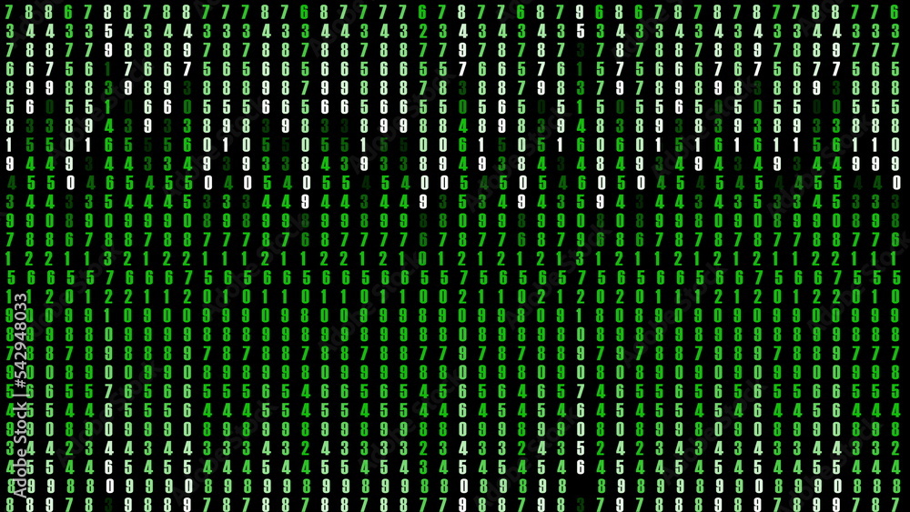 Vertical digital code in the matrix style. White and green numbers on ...