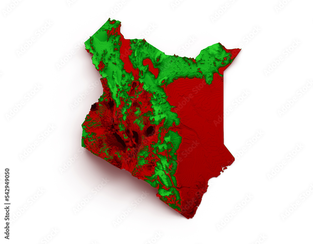 Kenya map with the flag Colors Green and Red Shaded relief map 3d ...