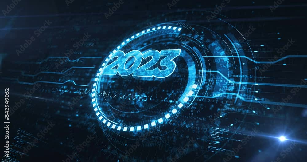 2023 year futuristic new neon symbol digital concept. Network, cyber ...