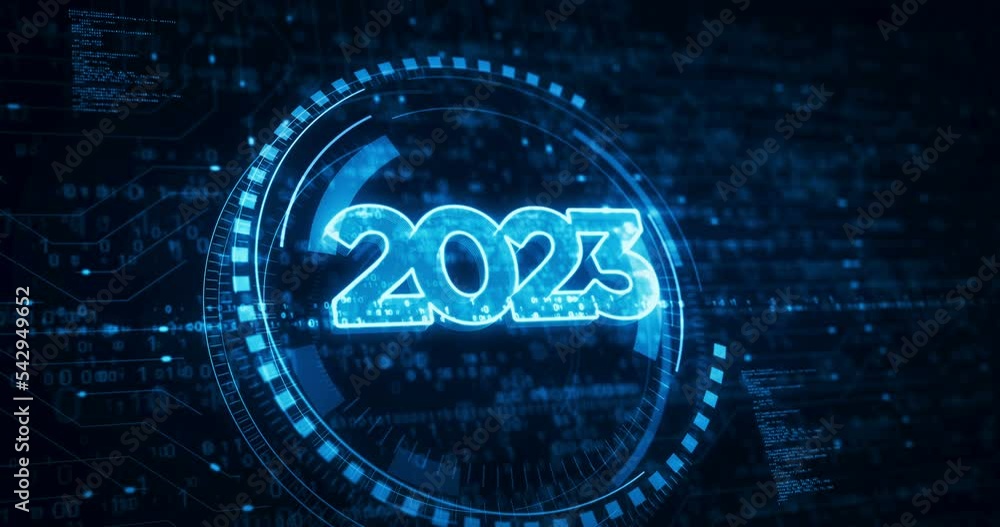 2023 year futuristic new neon symbol digital concept. Network, cyber ...