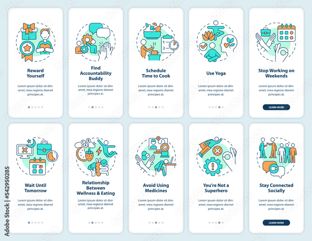 Remote worker wellbeing onboarding mobile app screen set. Walkthrough 5 ...