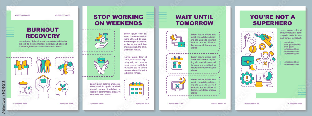Burnout recovery green brochure template. Self care tips. Avoid ...