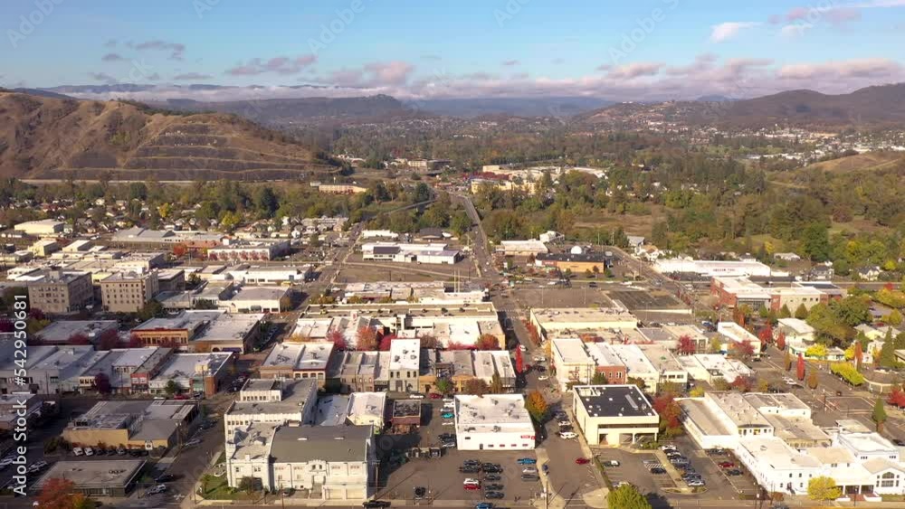 Aerial of downtown Roseburg, Oregon, USA. Trees in fall colors. Stock ...