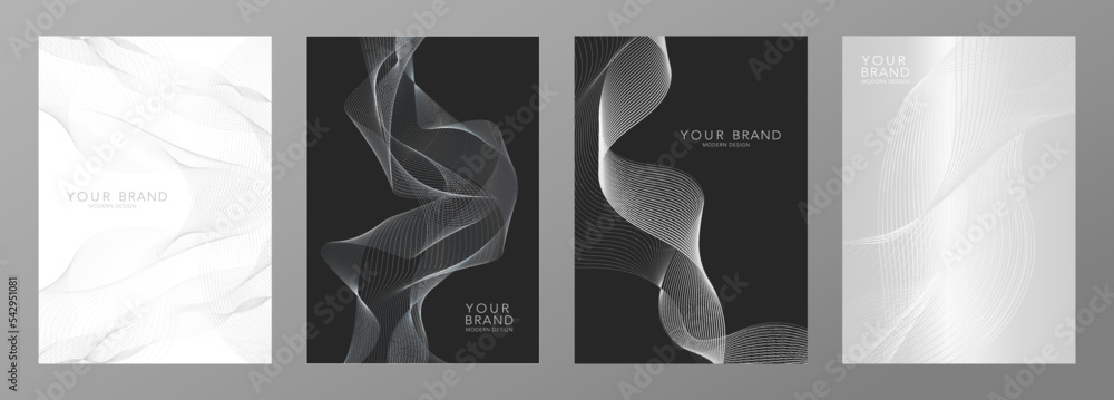 Modern cover design set. Abstract line pattern (guilloche curves) in ...