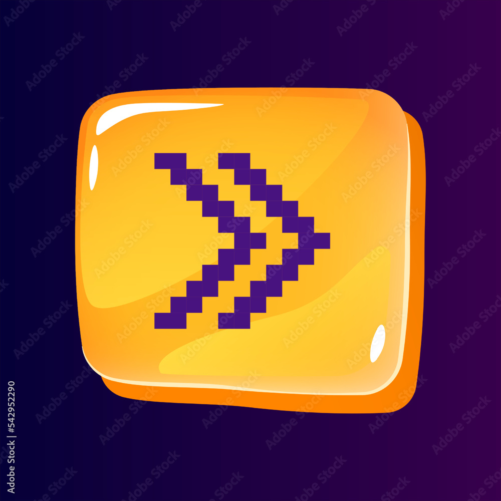 Double right side arrow glossy ui button with pixelated color icon. Digital technology. Editable ...