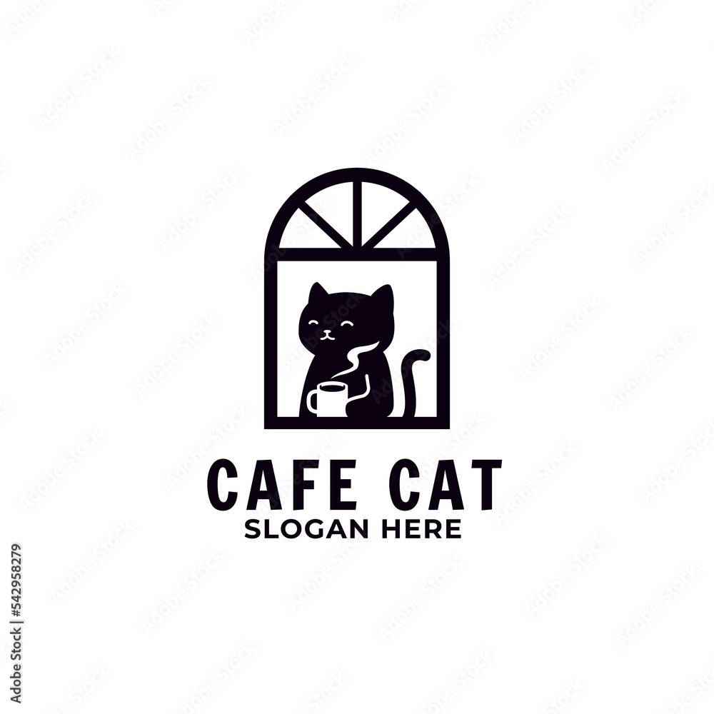 Cute cat drinking coffee mascot logo. Coffee logo. Cat coffee logo ...