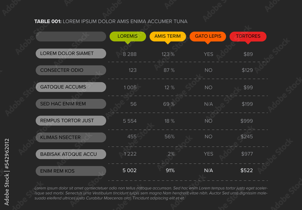 Simple dark flat color data table layout template Stock Template ...