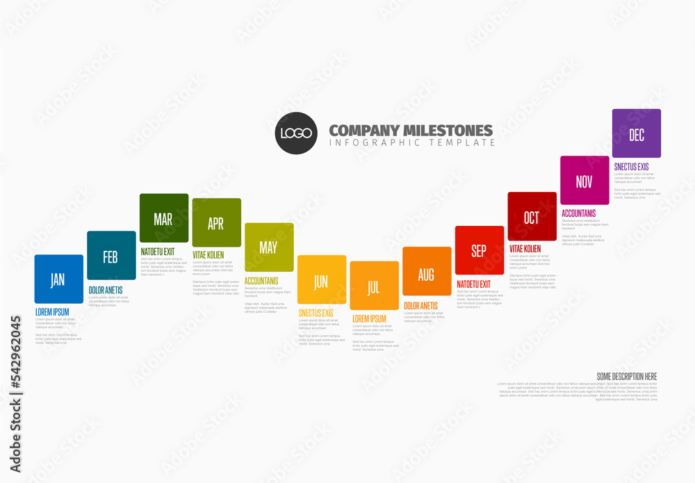 Full year timeline template with 12 month labels made from rainbow ...