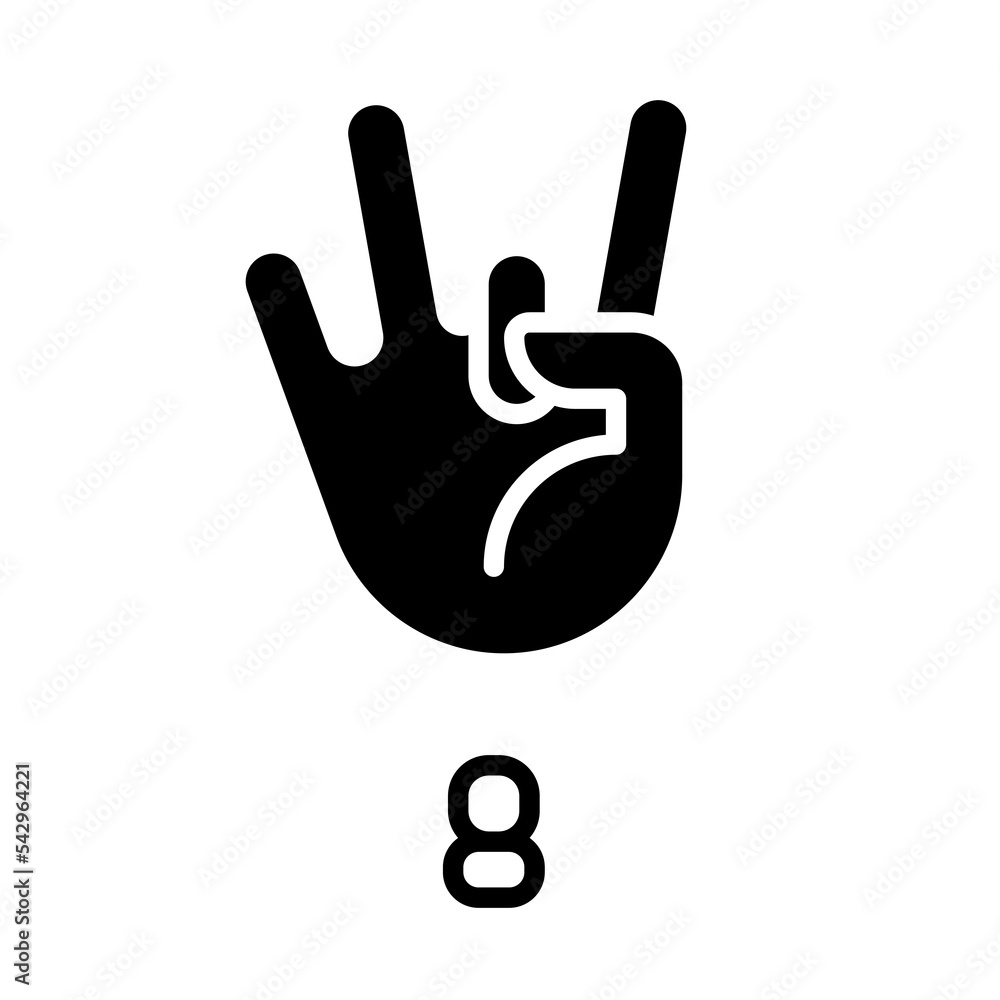 Digit eight sign in ASL black glyph icon. Gesture language element. Non ...