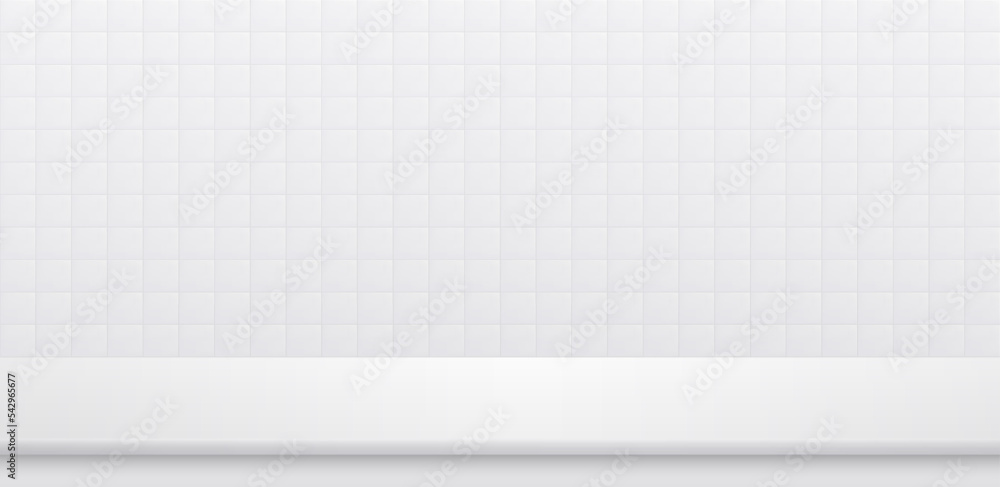 White bathroom tile wall with white stone table top, clean ceramic ...