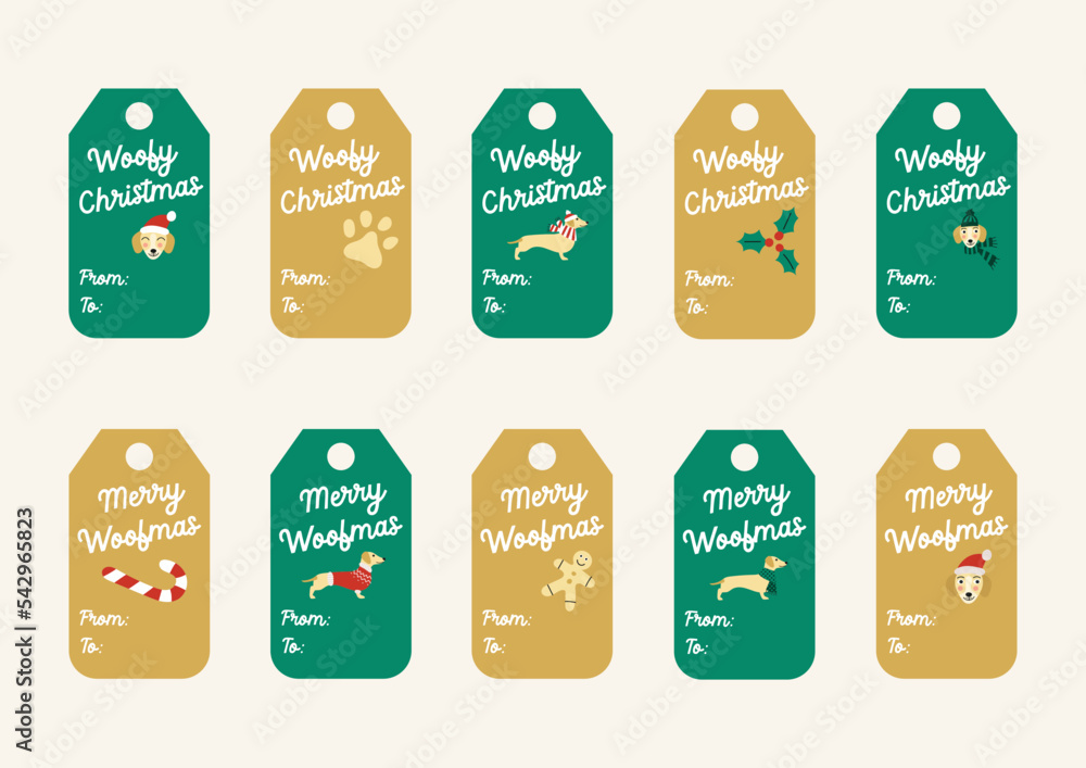 Cute Christmas gift tag winter dogs dog green and yellow. Dachshund ...