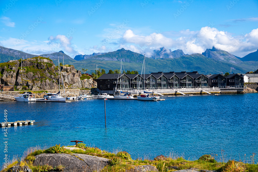 panorama of a small village with a marina on the lofoten islands in ...