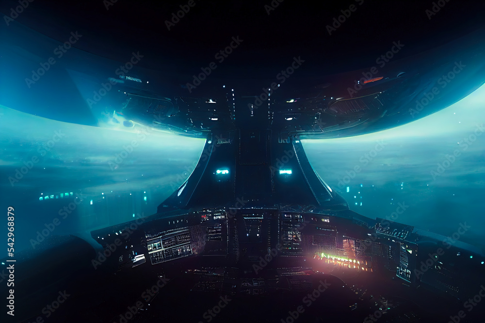 Inside an alien spacecraft with high tech, sci-fi cockpit. Control room ...