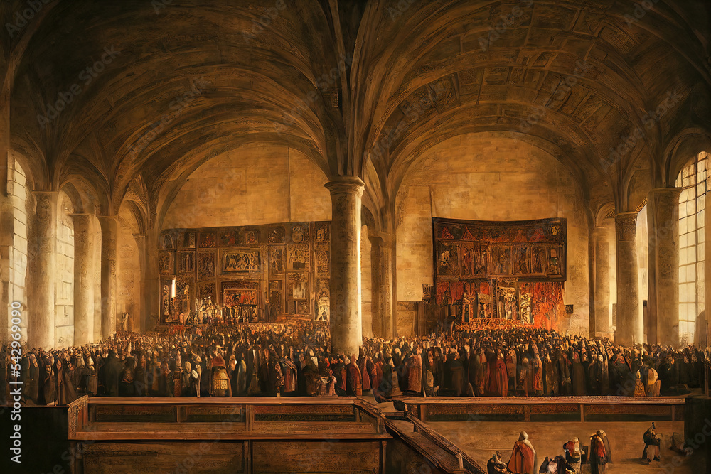 Medieval illustration featuring the interior of a throne room, crowds ...