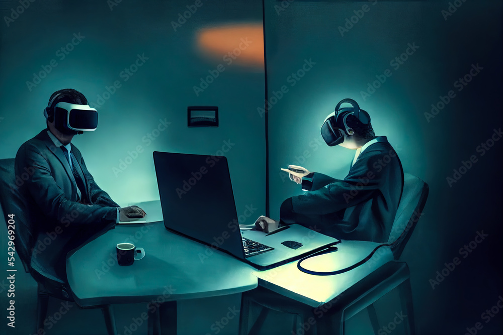 Two men sitting in a dark room using virtual reality headsets ...
