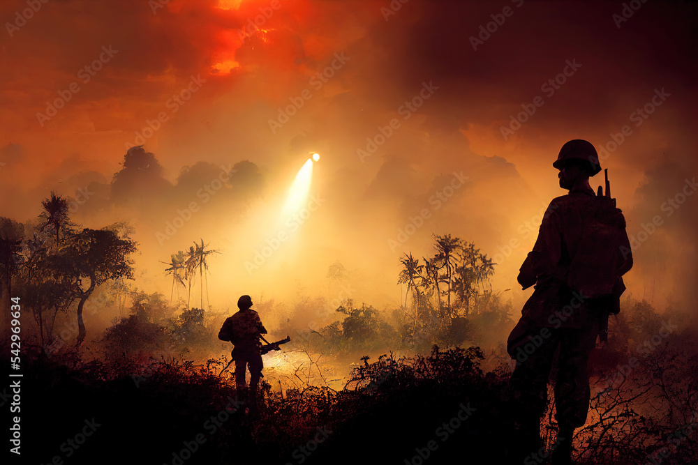 Silhouettes of US army soldiers on the battlefield. Burning jungle ...