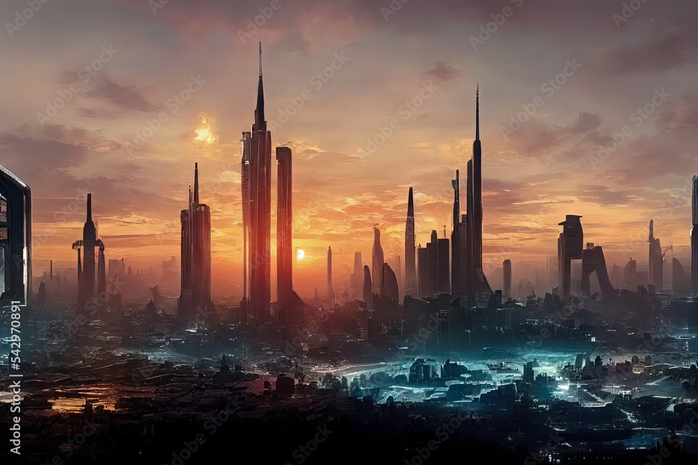 Futuristic African city landscape concept art. Digital drawing. Aerial ...