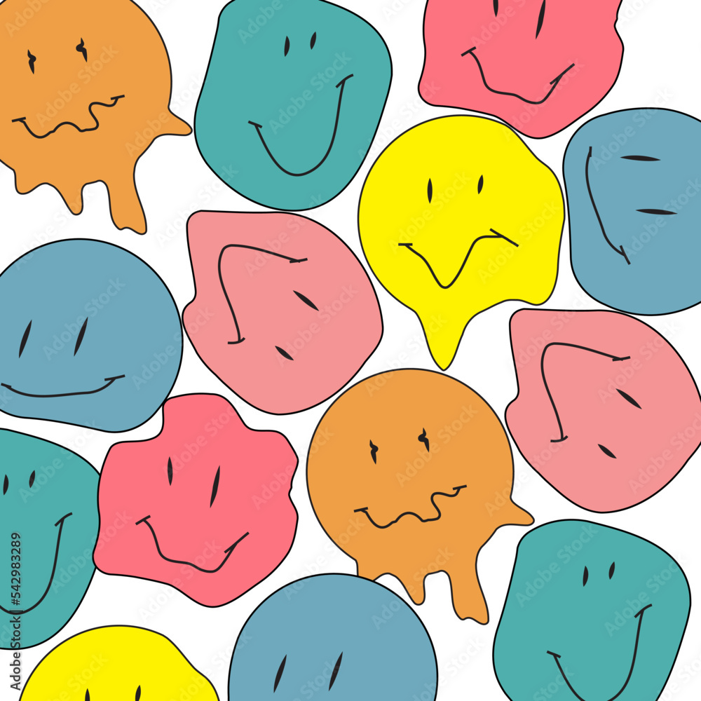 Cheerful acid smiling faces, different face shapes. Stickers in retro ...