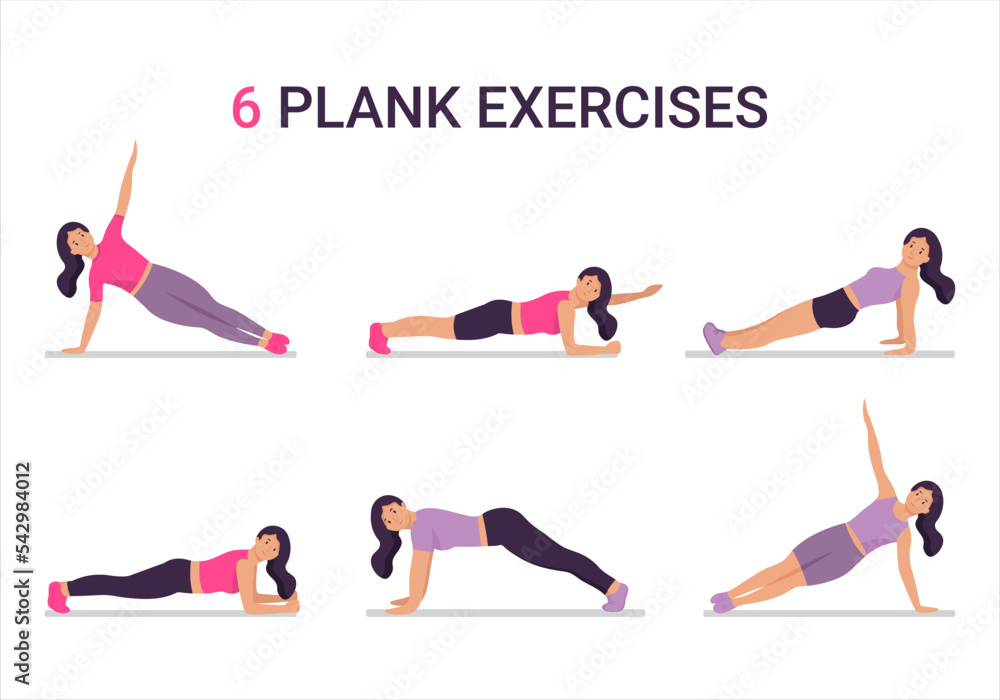 6 Plank exercises set to do at home, woman doing exercises, doing Plank ...