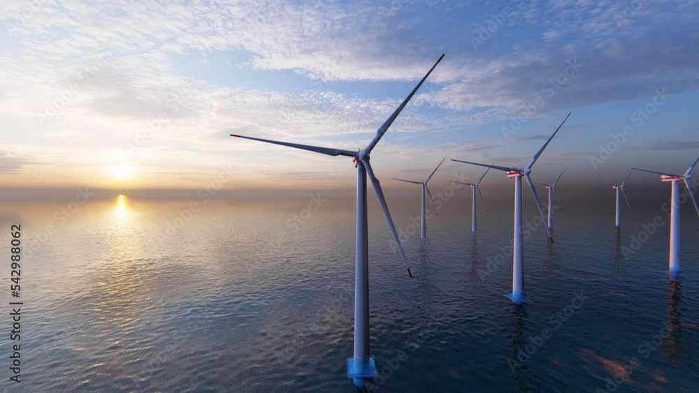 4K ULTRA HD. Offshore wind turbines farm on the ocean. Sustainable ...