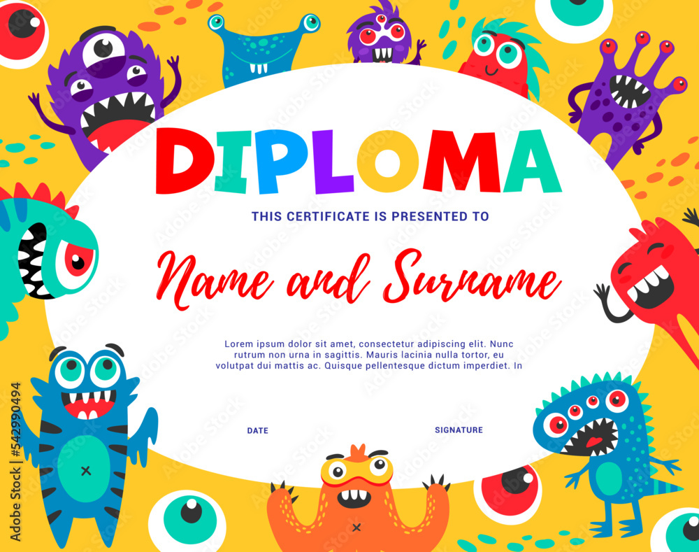 Kids diploma, funny monster characters. Education award frame template ...