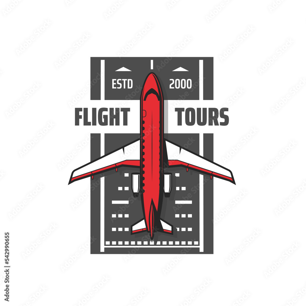 Flight tours icon of air travel. Vector plane or airplane landing on ...