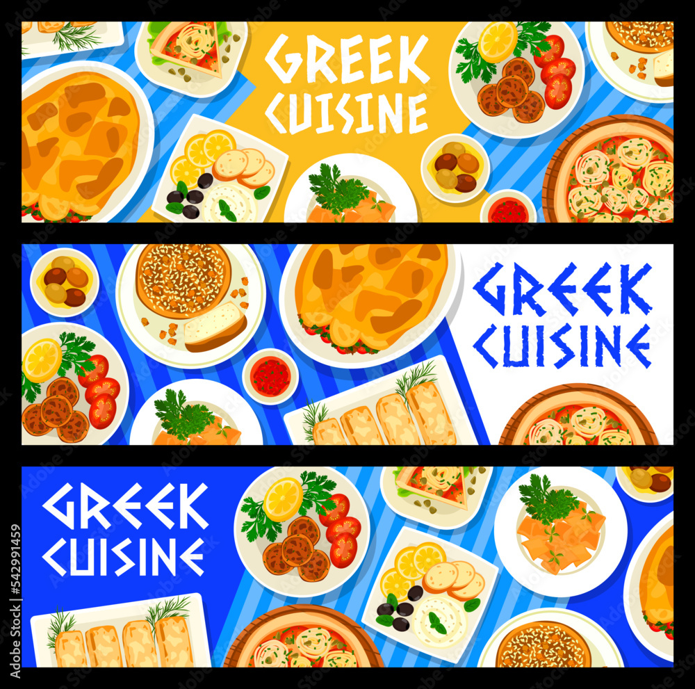 Greek cuisine restaurant dishes banners. Eggplant casserole Moussaka ...