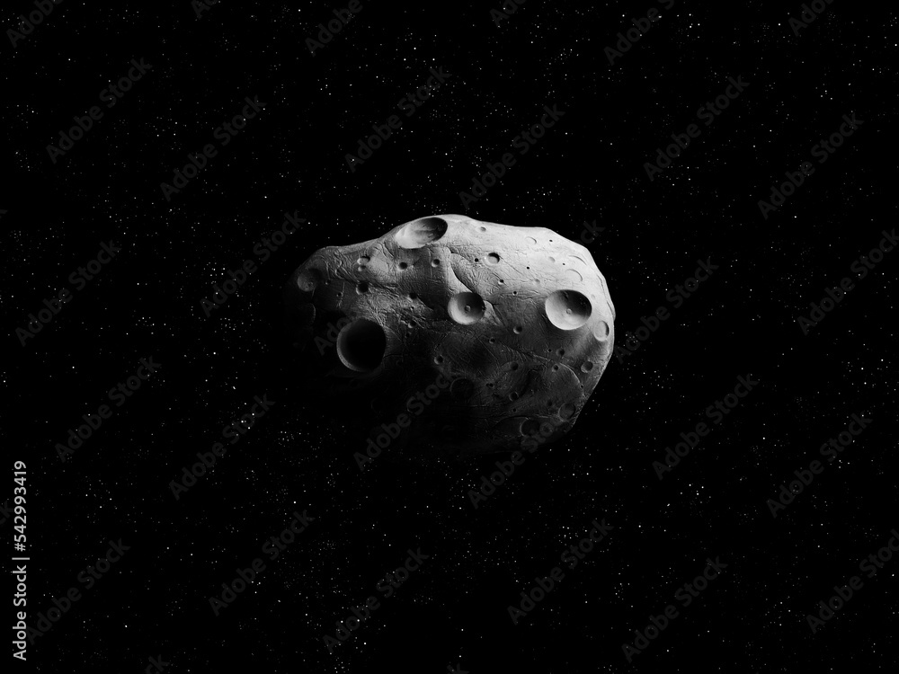 Meteorite with impact craters on the surface. Asteroid in space with ...