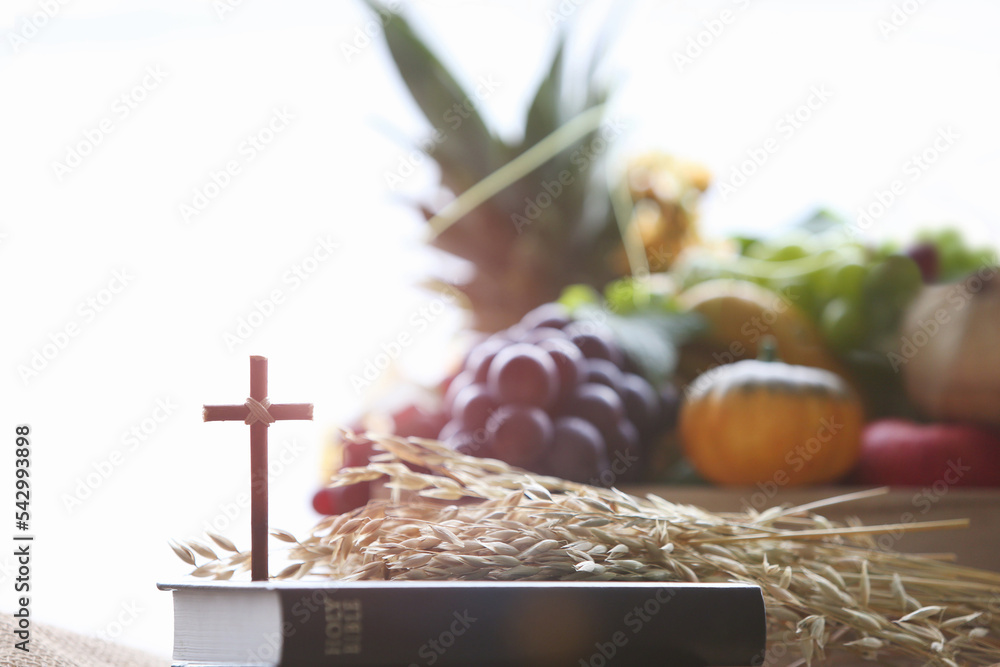 Church Thanksgiving Day bountiful fruit decoration and background with ...