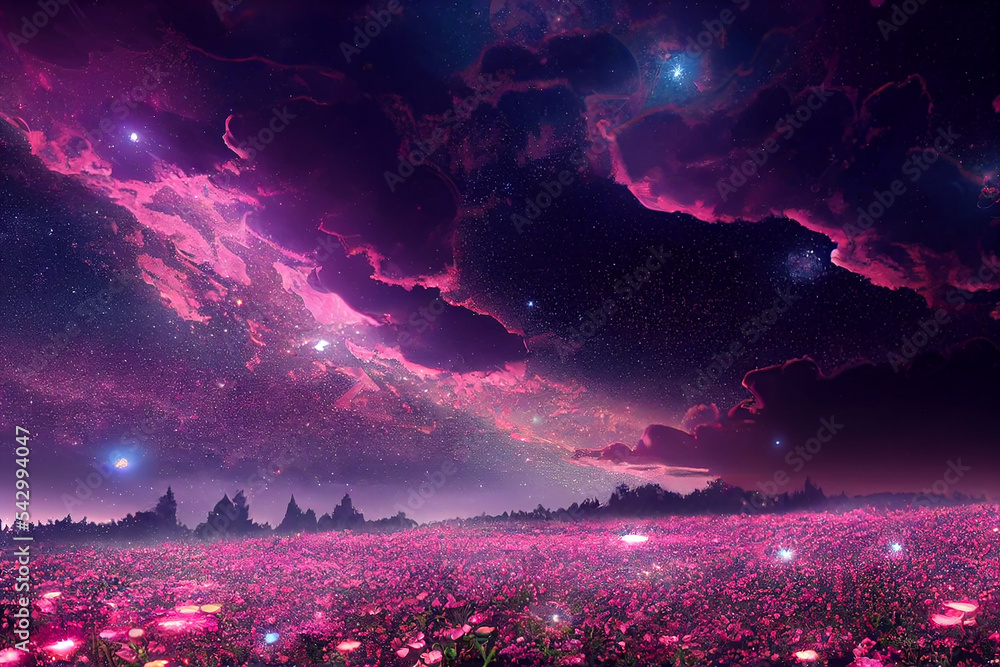 magical night sky with shining stars, clouds and delicate romantic pink ...