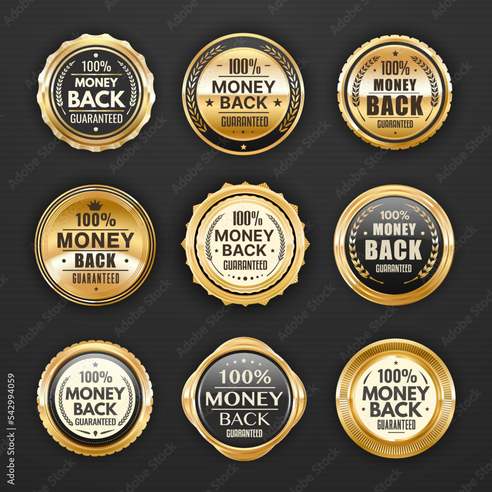 Money back golden badges, labels and guarantee seals, vector gold ...