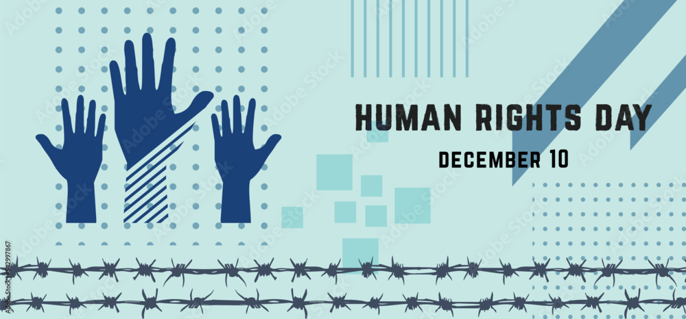Human Rights Day Poster with human hands up. Raised hands silhouette ...