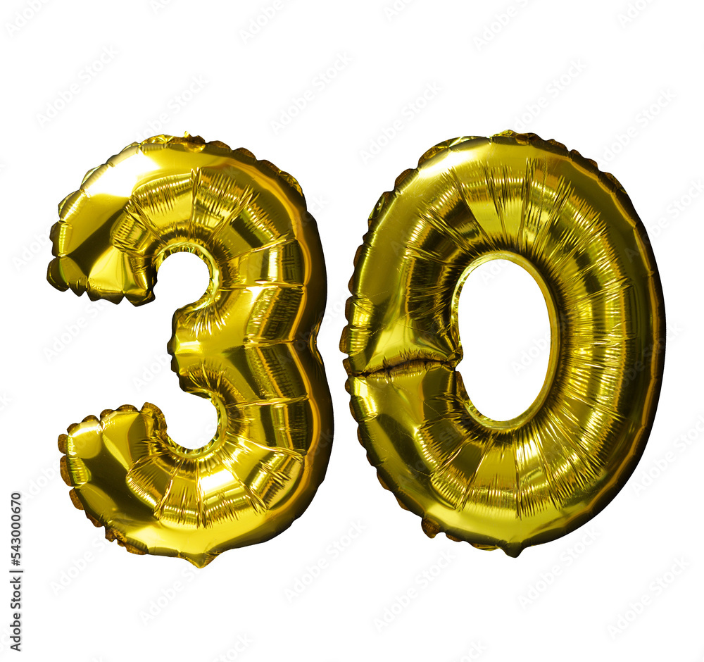 30 Golden number helium balloons isolated background. Realistic foil ...