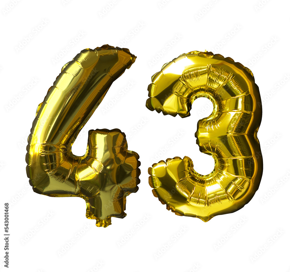 43 Golden number helium balloons isolated background. Realistic foil ...