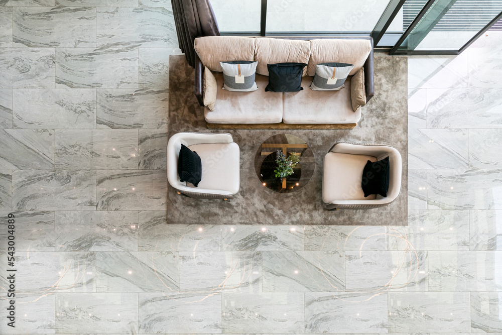 Birds eye view, a scene at local condo where people relax by sitting on ...