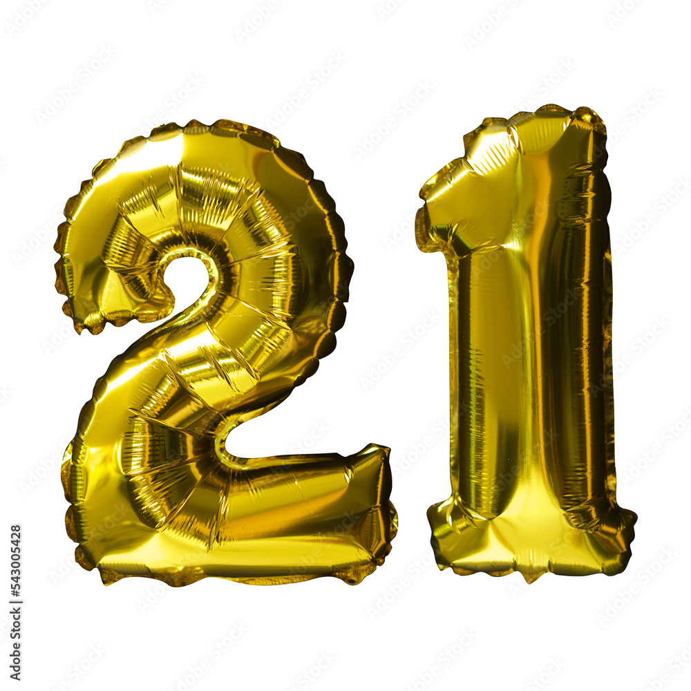 21 Golden number helium balloons isolated background. Realistic foil ...
